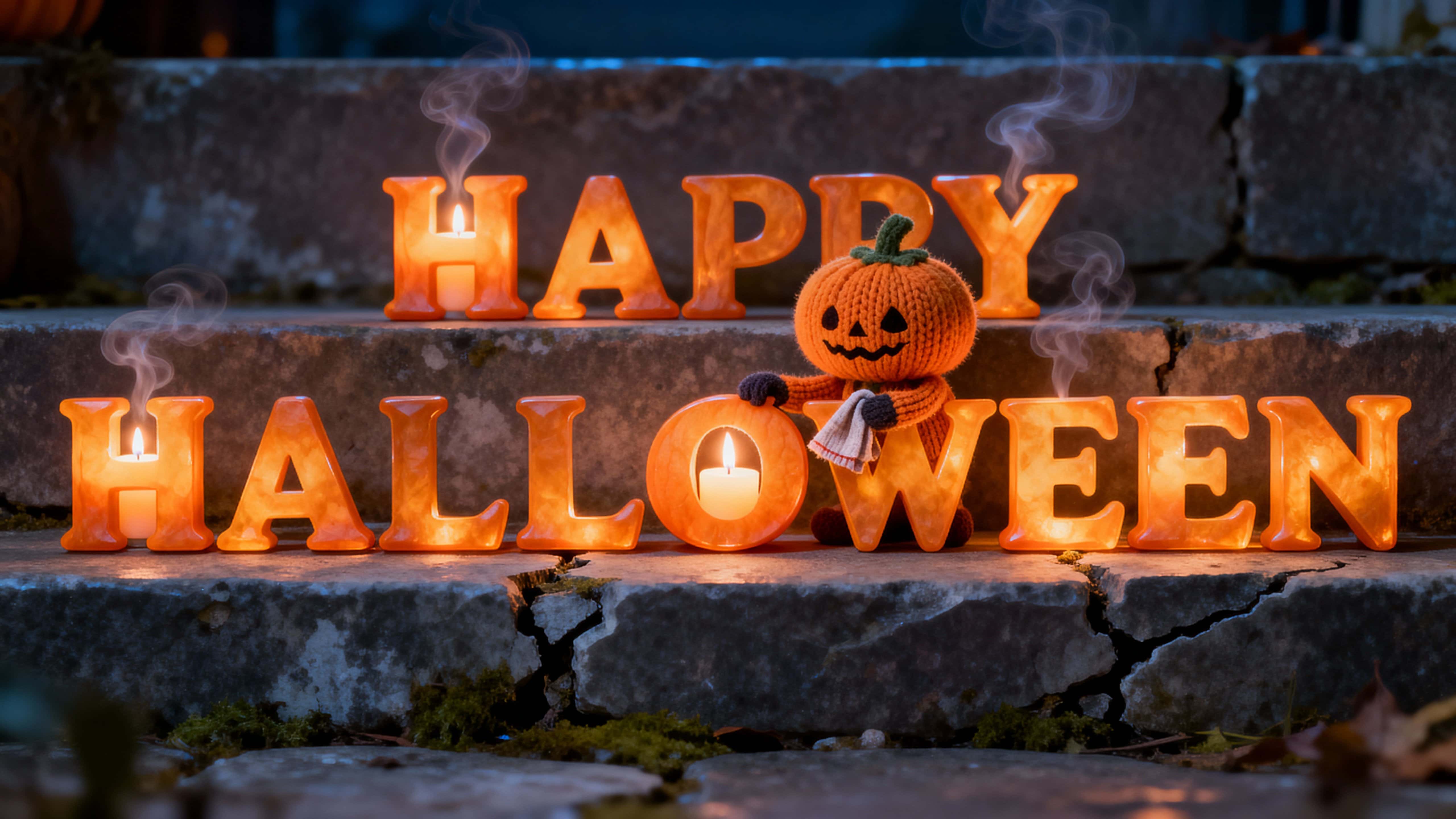 Pumpkin-letter Halloween display on stone steps — Free 5120x2880 AI ...